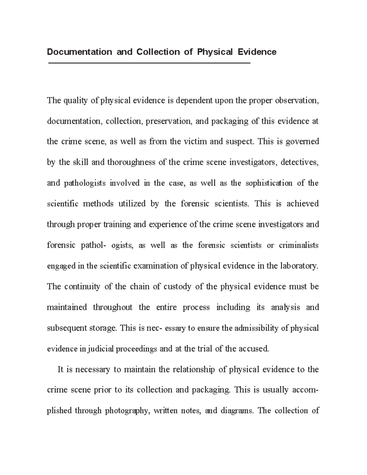 The Documentation and Collection of Physical Evidence - Documentation ...