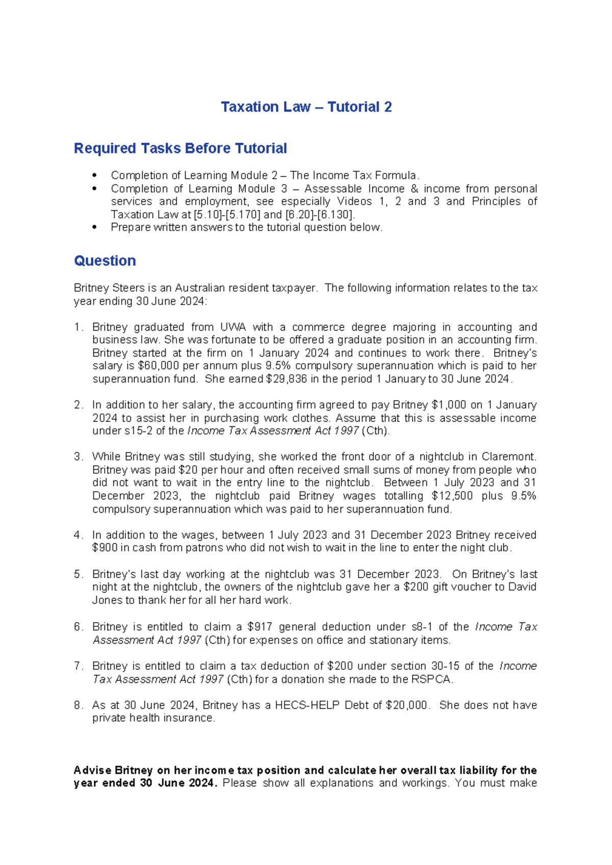 Tutorial 2 Questions - Taxation Law – Tutorial 2 Required Tasks Before Tutorial Completion of ...