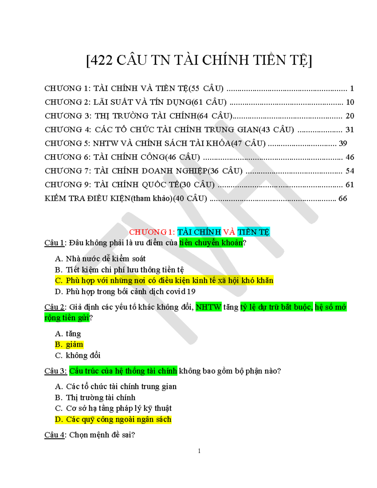 422 CÂU TN TCTT - [422 CÂU TN TÀI CHÍNH TIỀN TỆ] CHƯƠNG 1: TÀI CHÍNH VÀ TIỀN TỆ(55 CÂU) - Studocu