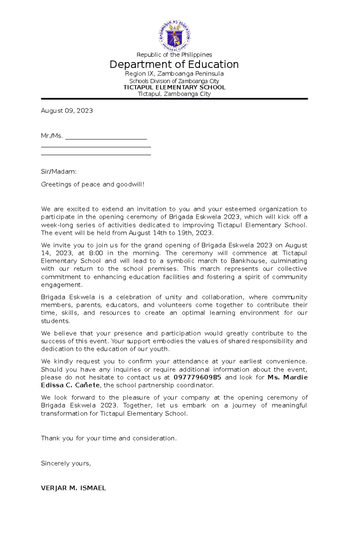 Invitation letter - Republic of the Philippines Department of Education ...