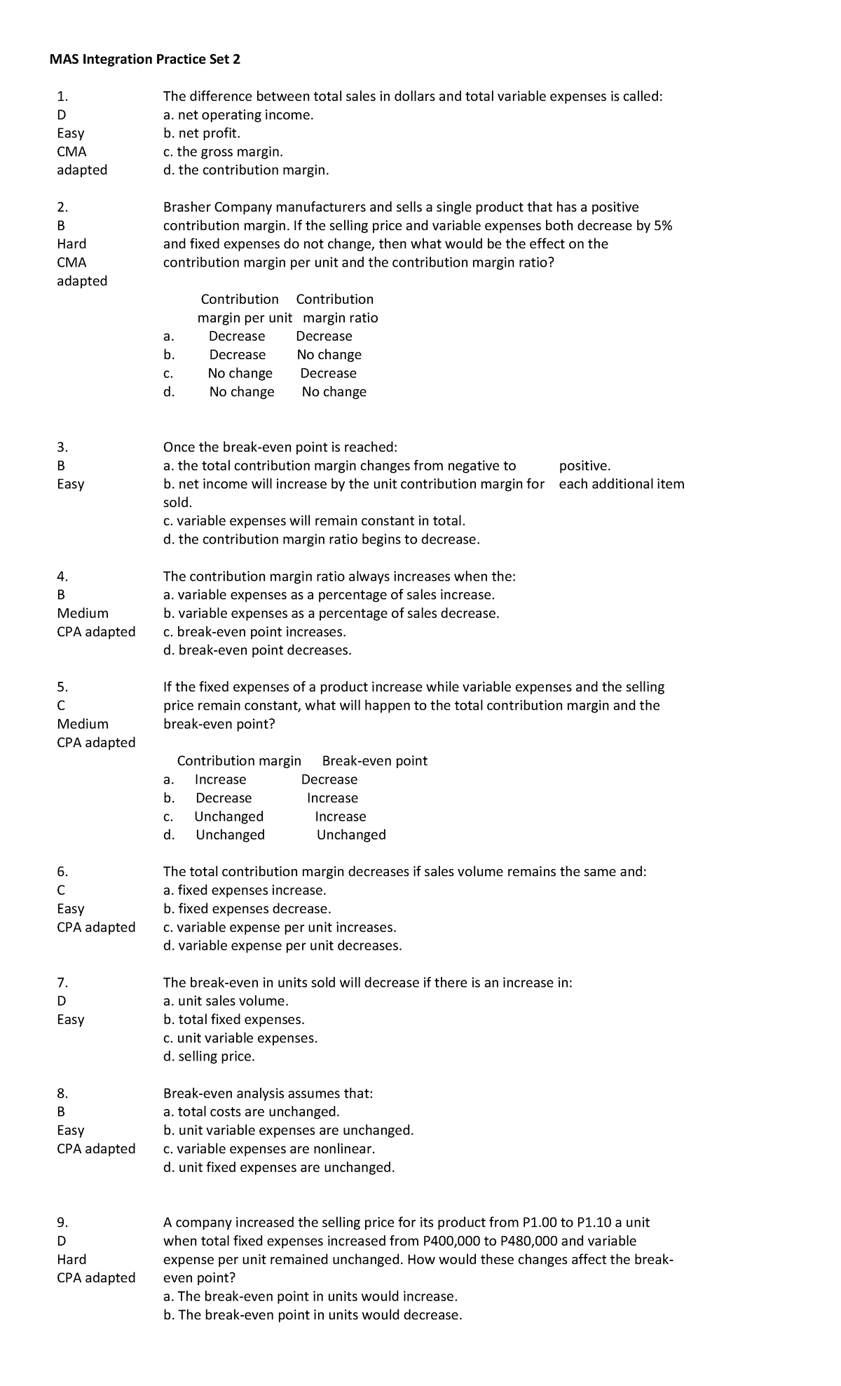 MAS Integration - Practice Set 2 (CVP) Key Answer - MAS Integration ...