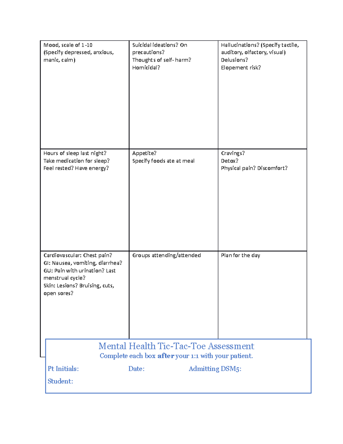 Mental Health Tic Tac Toe Assessment - Mood, scale of 1- (Specify ...