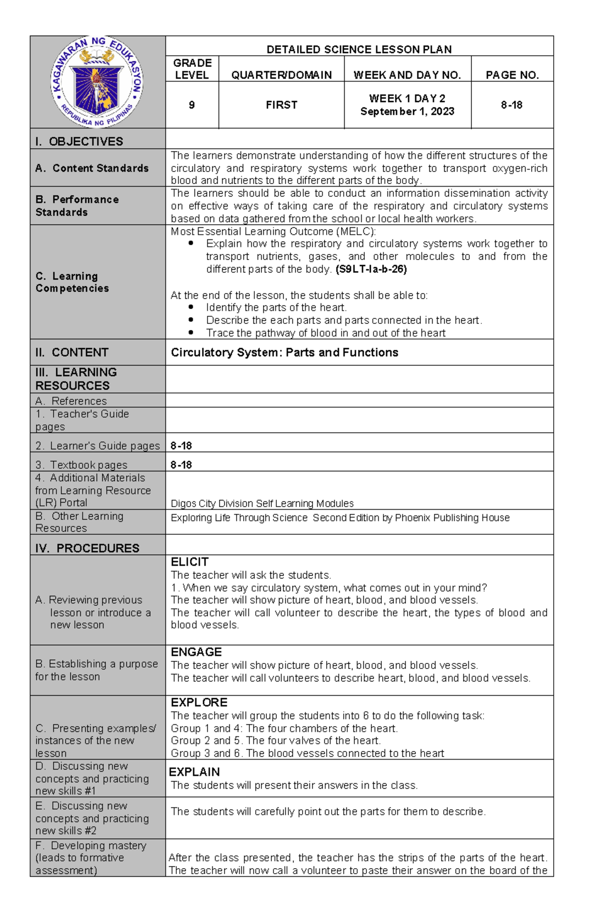 Q1 Lesson 2 - DETAILED SCIENCE LESSON PLAN GRADE LEVEL QUARTER/DOMAIN ...