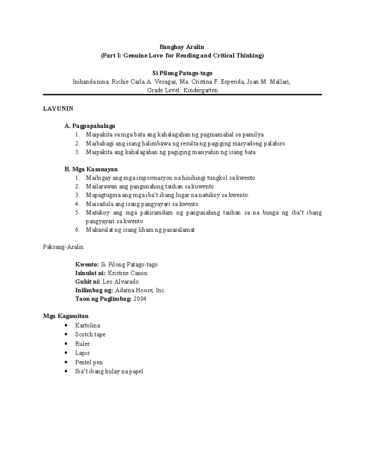 Philippine Professional Standards for Teachers - Banghay Aralin (Part I ...