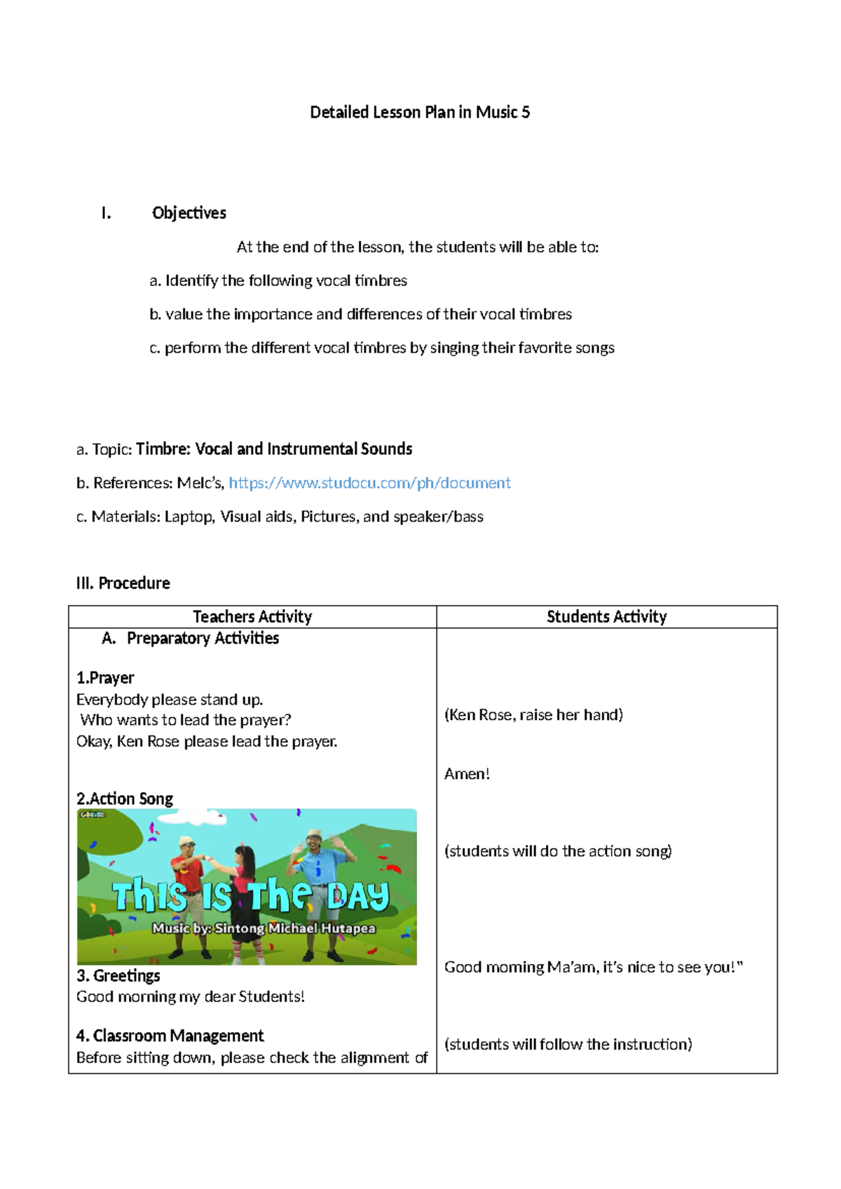 Detailed Lesson Plan in Music 5 - Objectives At the end of the lesson ...