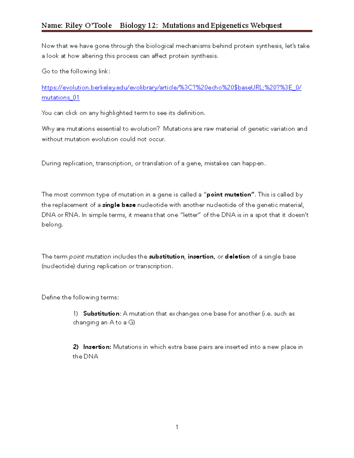 Mutations and Epigenetics Webquest - Now that we have gone through the ...