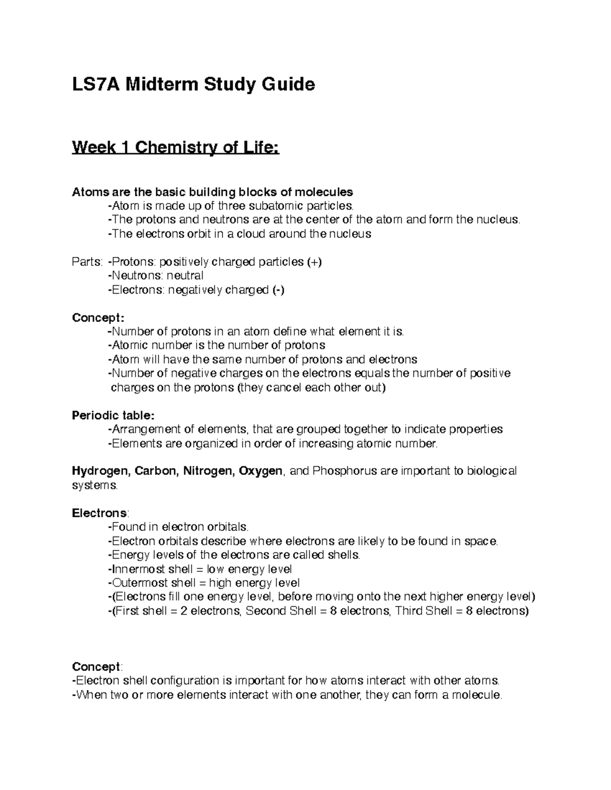 LS7A Midterm Study Guide - LS7A Midterm Study Guide Week 1 Chemistry of ...