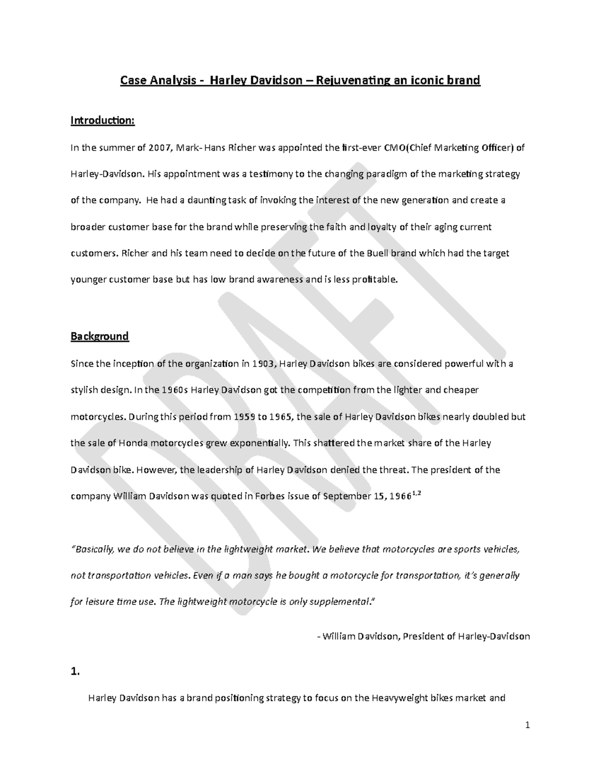 Harley Davidson Case Studyv 1 - Case Analysis - Harley Davidson – Rejuvenating an iconic brand ...
