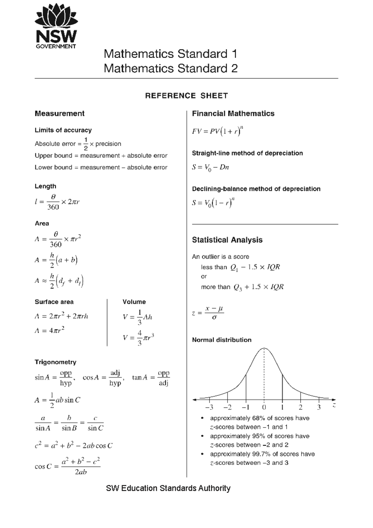 Mathematics notes - SW Education Standards Authority 2020 HIGHER SCHOOL ...