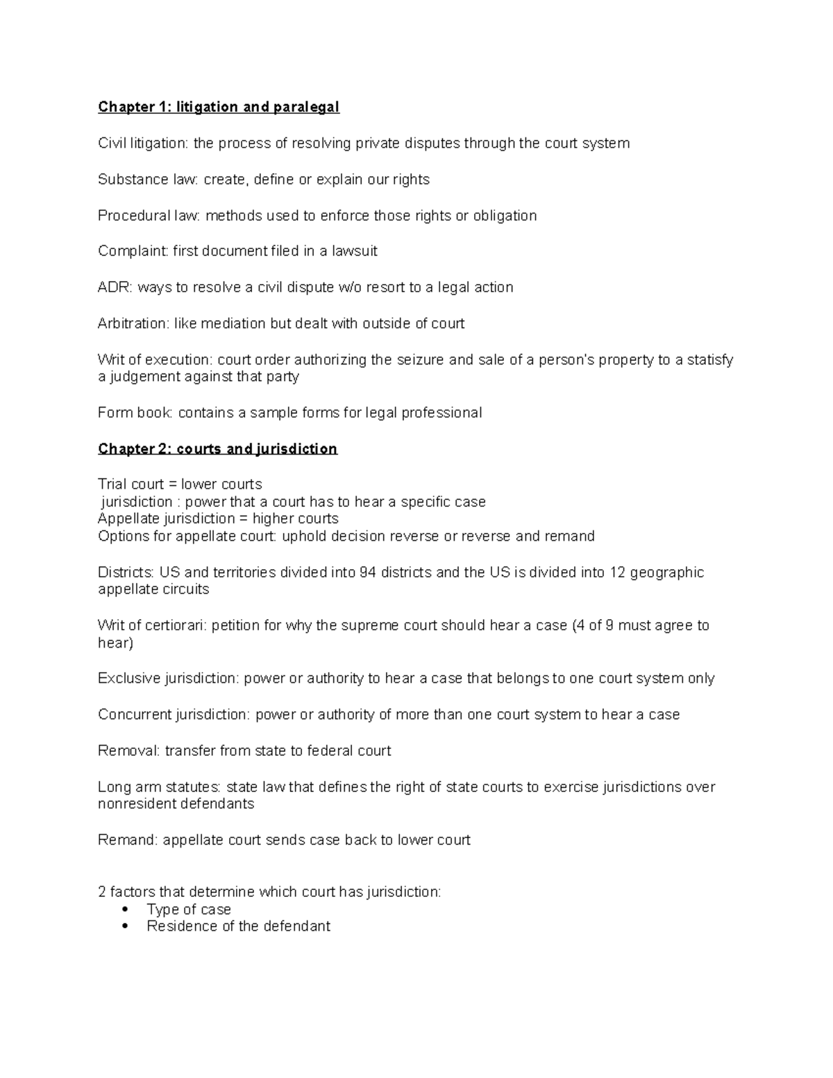 Litigation notes - Chapter 1: litigation and paralegal Civil litigation ...