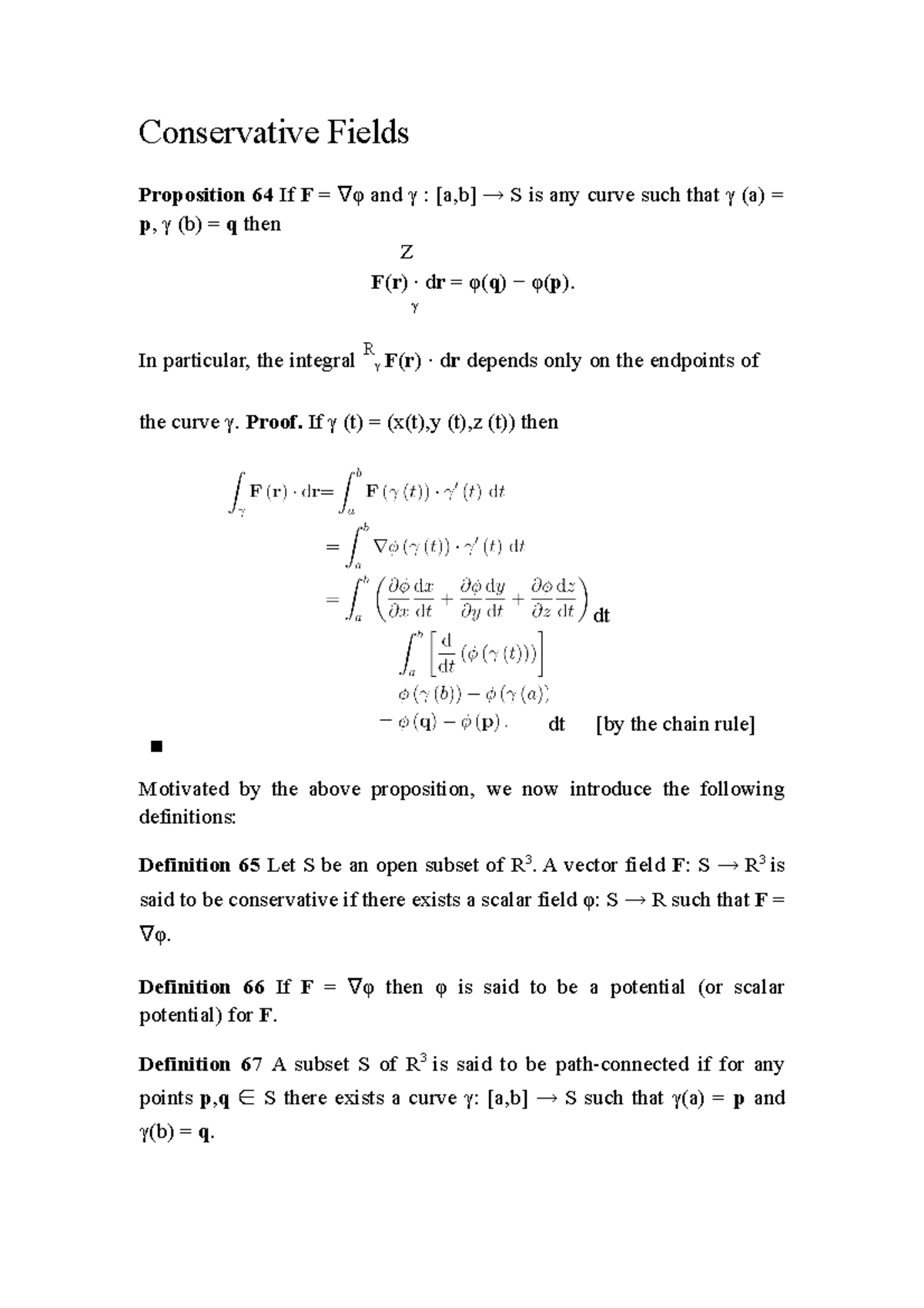 Multi Calc-8 - Conservative Fields - Conservative Fields Proposition 64 If F = ∇φ and γ : [a,b ...