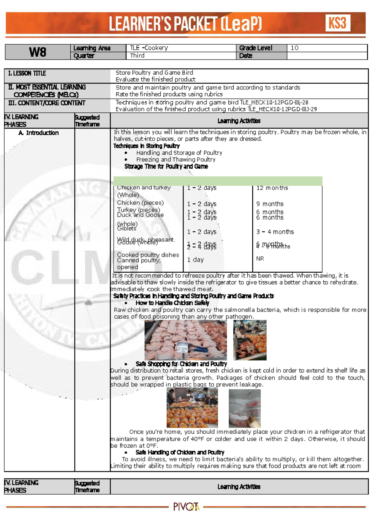 TLE Cookery 10 week8 - W 8 Learning Area TLE -Cookery Grade Level 10 ...