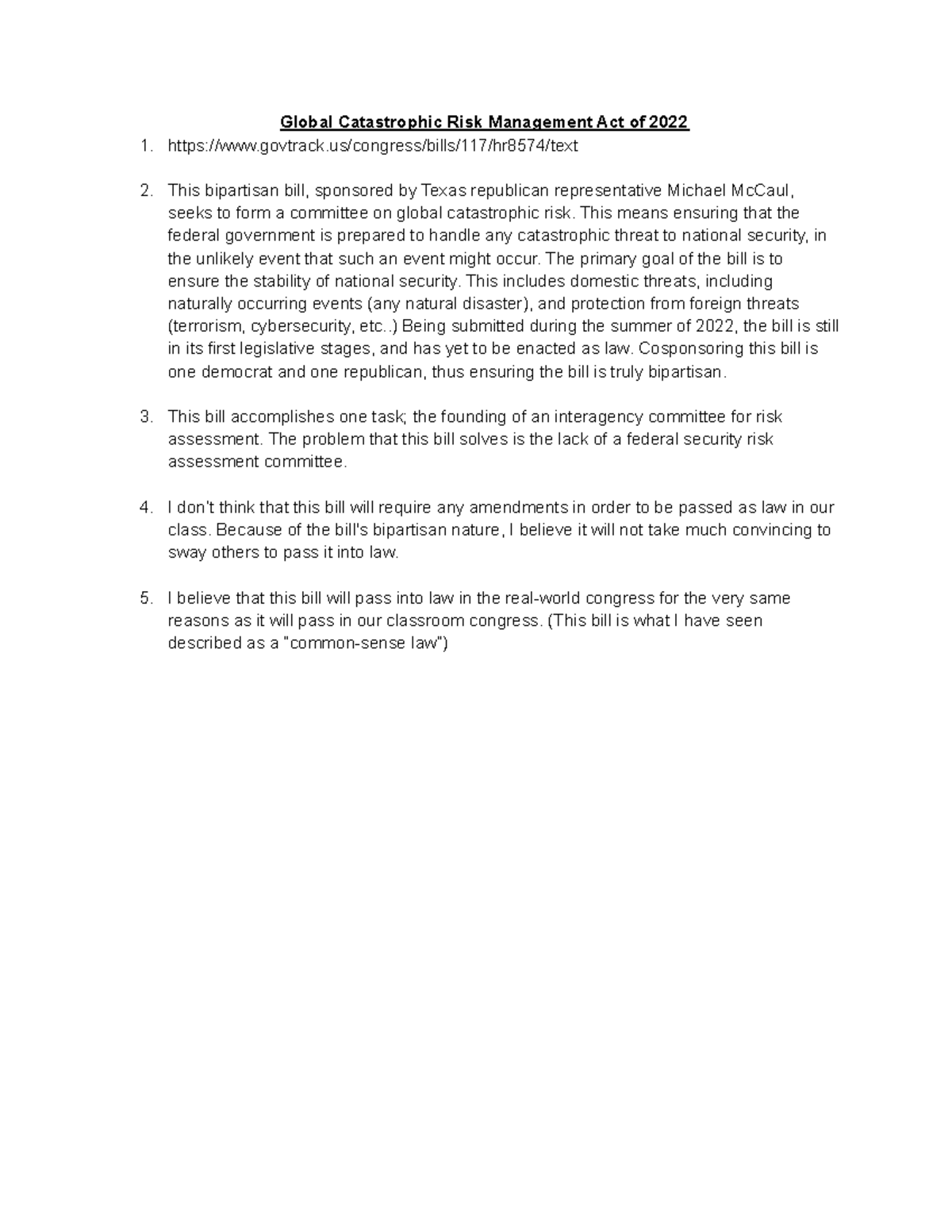 William Giles - Congress Bill Sponsorship - Global Catastrophic Risk ...