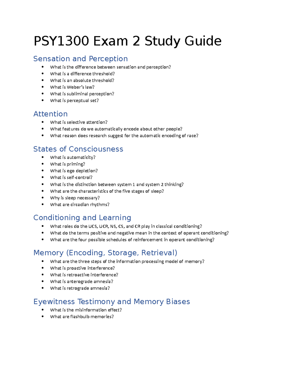 PSY1300 Exam 2 Study Guide - PSY1300 Exam 2 Study Guide Sensation and ...