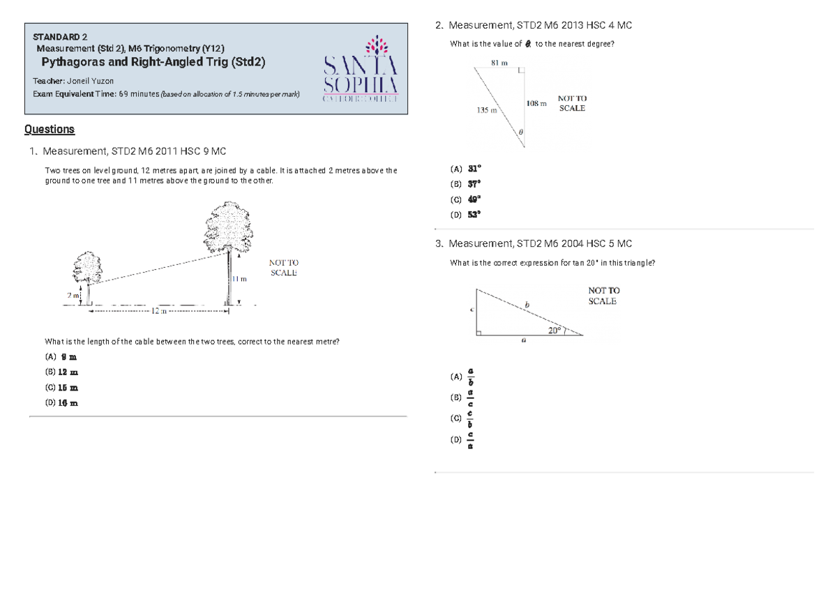 Trig Questions - trig - 1. Measurement, STD2 M6 2011 HSC 9 MC STANDARD ...