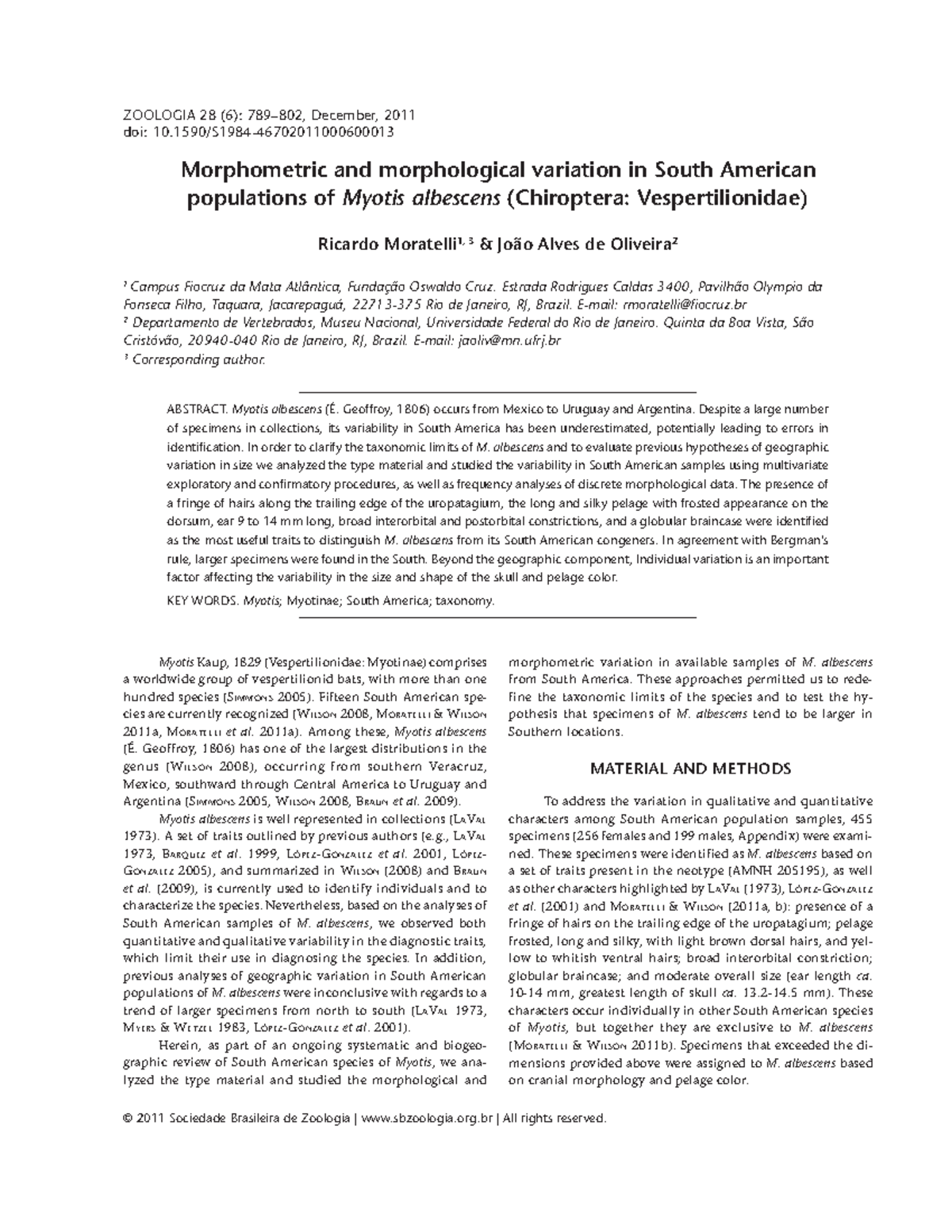 Morphometric variation Myotis albescens - ZOOLOGIA 28 (6): 789–802 ...