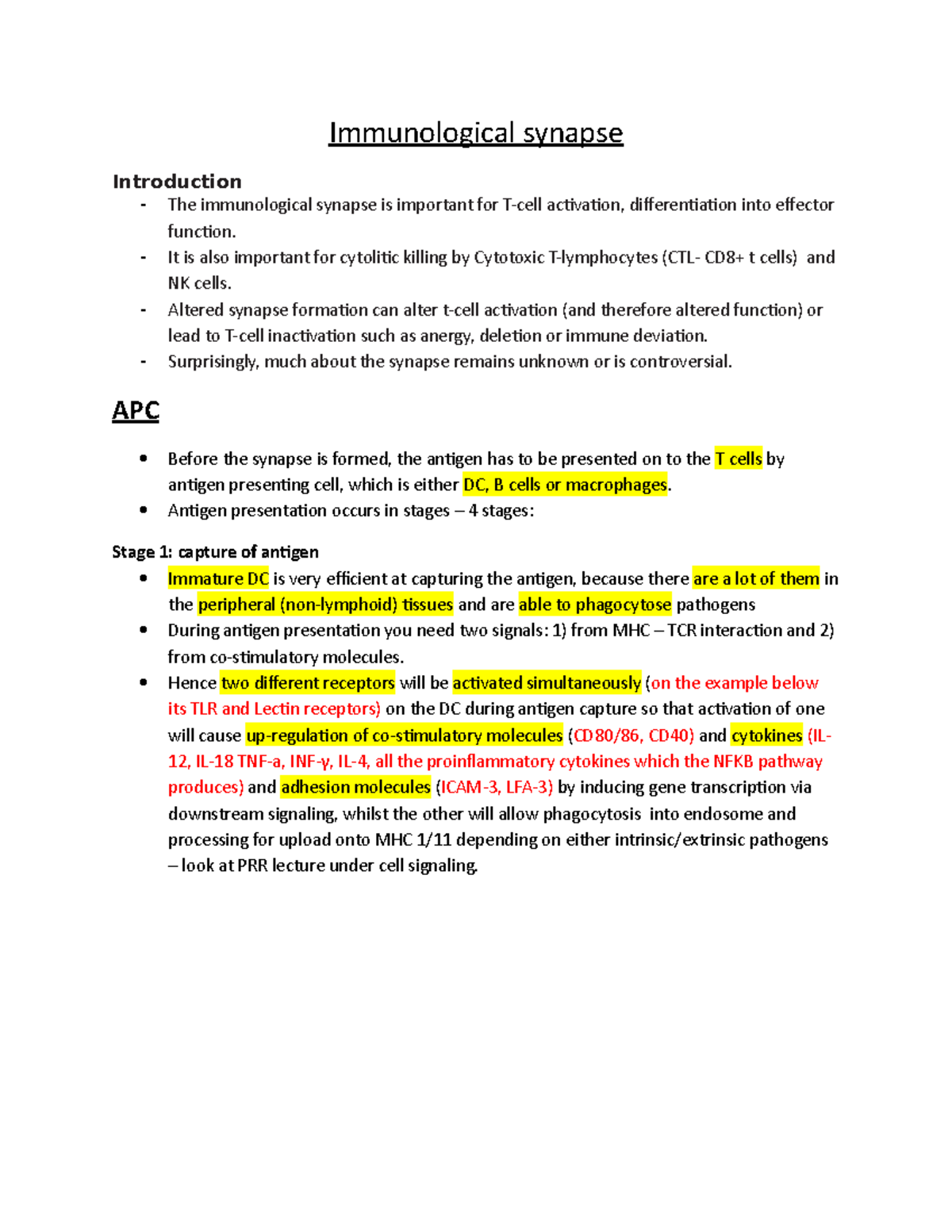 Immunological synapse - summery - Immunological synapse Introduction ...