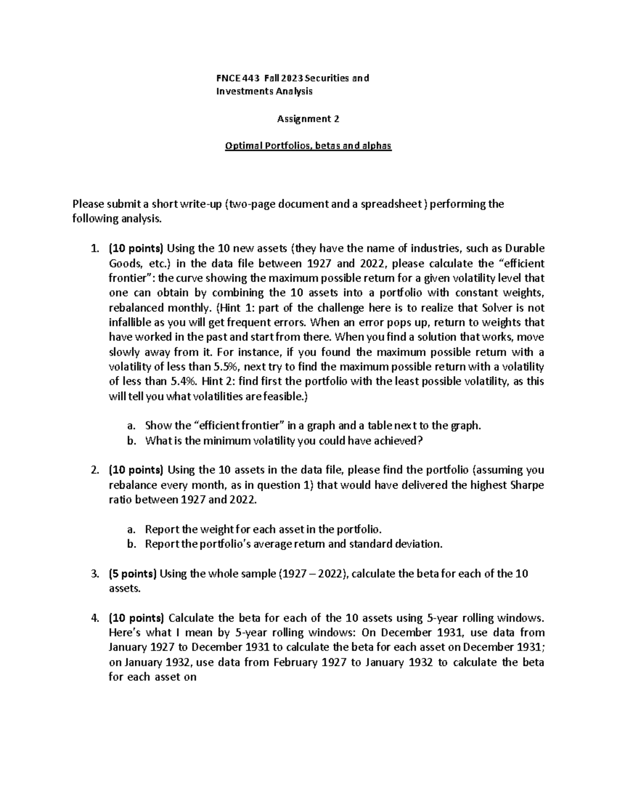 Assignment 2 443 2023 - Fnce 443 Fall 2023 Securities And Investments 