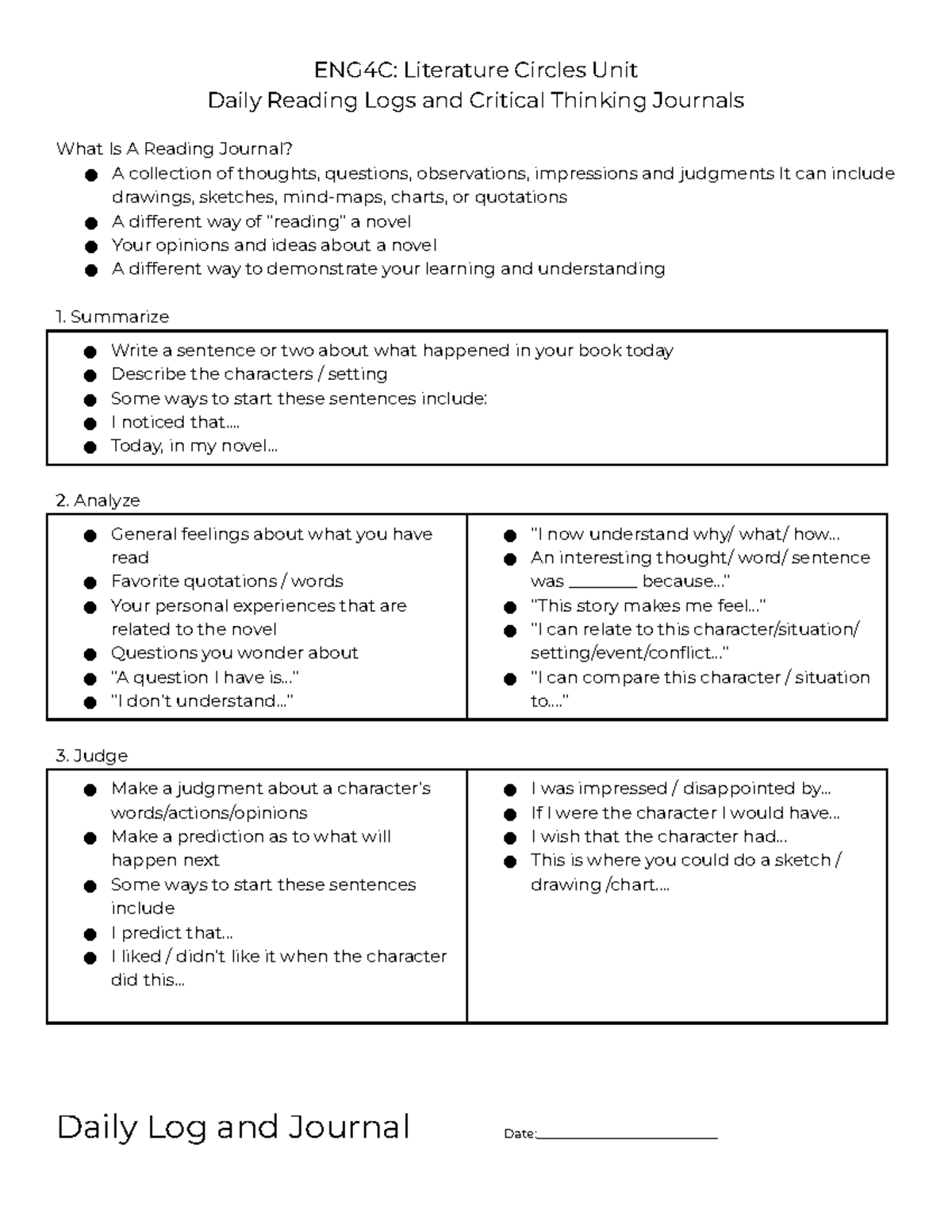 Reading Log (10) - Variant - ENG4C: Literature Circles Unit Daily ...