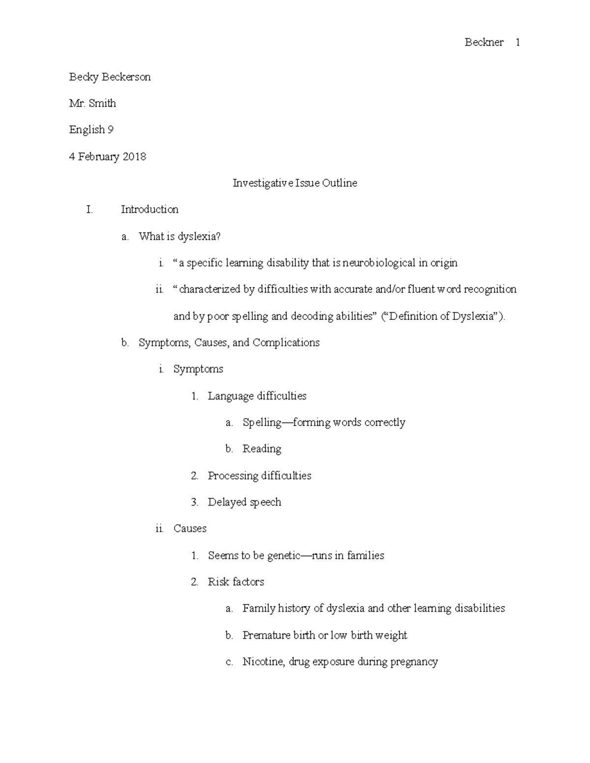 Sample Outline Investigative Issue - Becky Beckerson Mr. Smith English ...