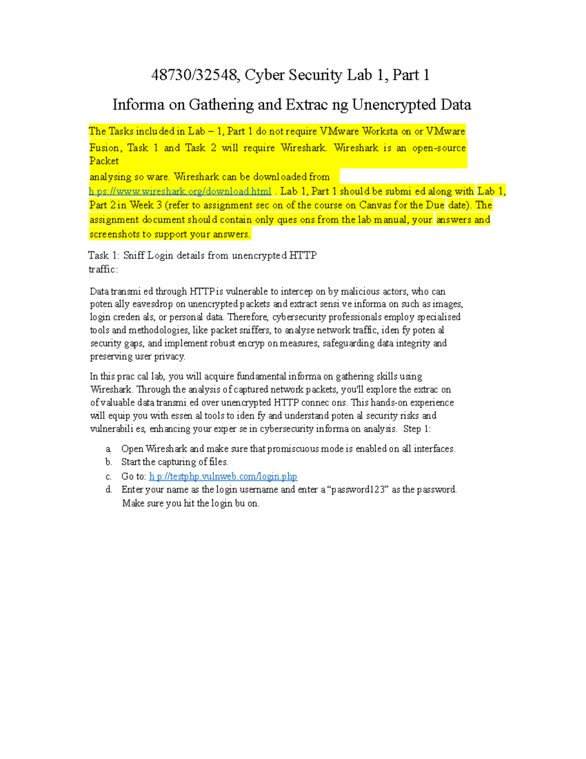 Cybersec-Week 1- Lab 1, Part 1- Handout - 48730/32548, Cyber Security Lab 1, Part 1 Informa on ...