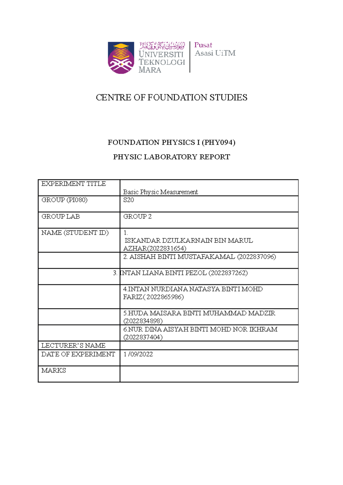Physic LAB Report 1 - CENTRE OF FOUNDATION STUDIES FOUNDATION PHYSICS I (PHY094) PHYSIC ...