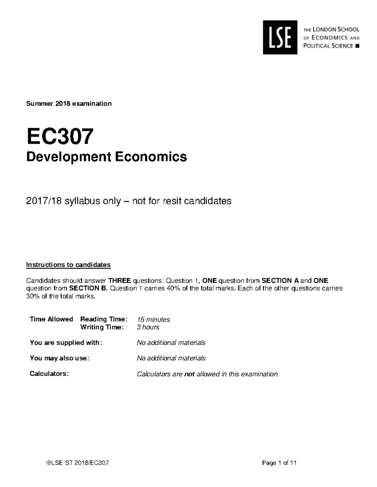 EC307 - EC307 2018 Summer Exam - Summer 201 8 examination EC 307 ...