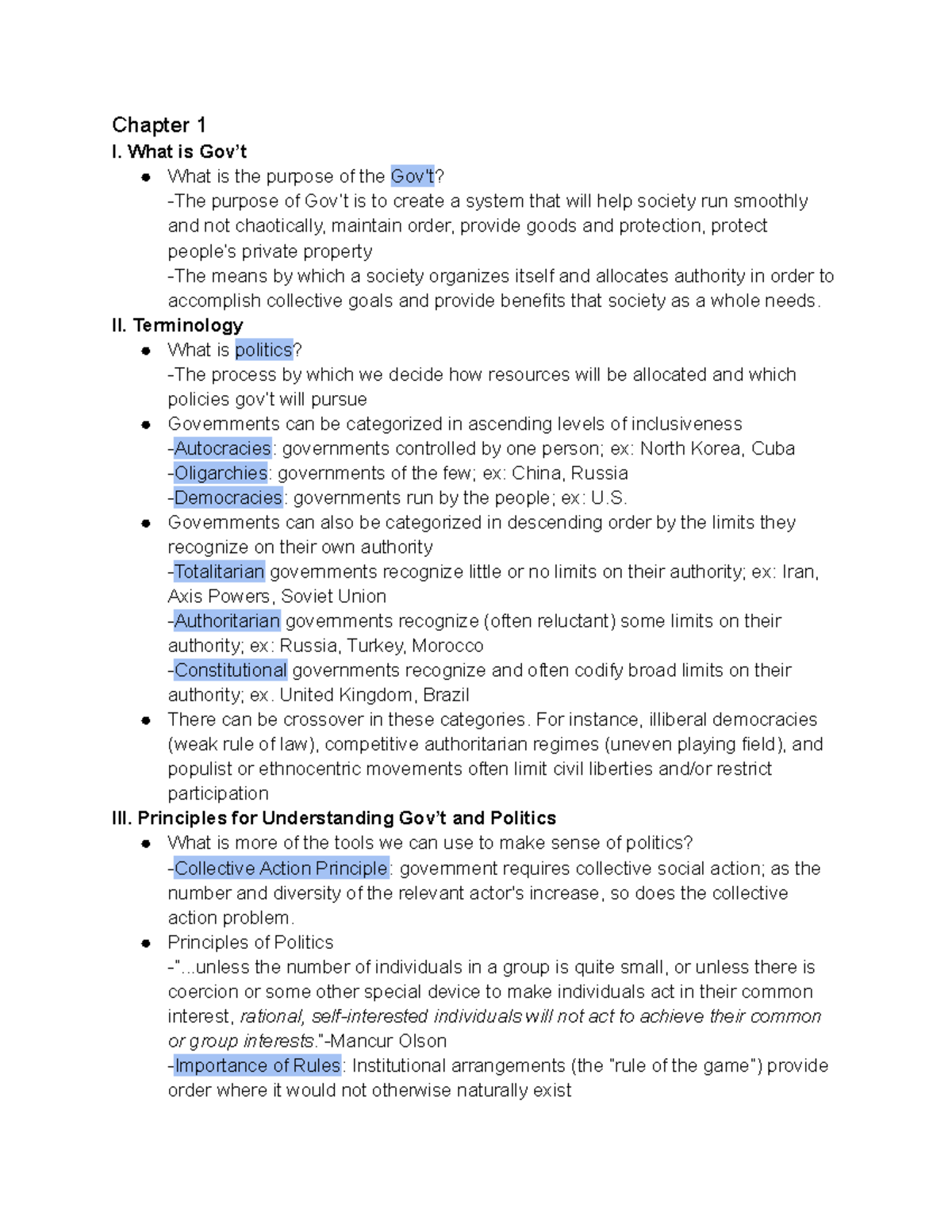 American Gov't Notes - Chapter 1 I. What is Gov’t What is the purpose ...