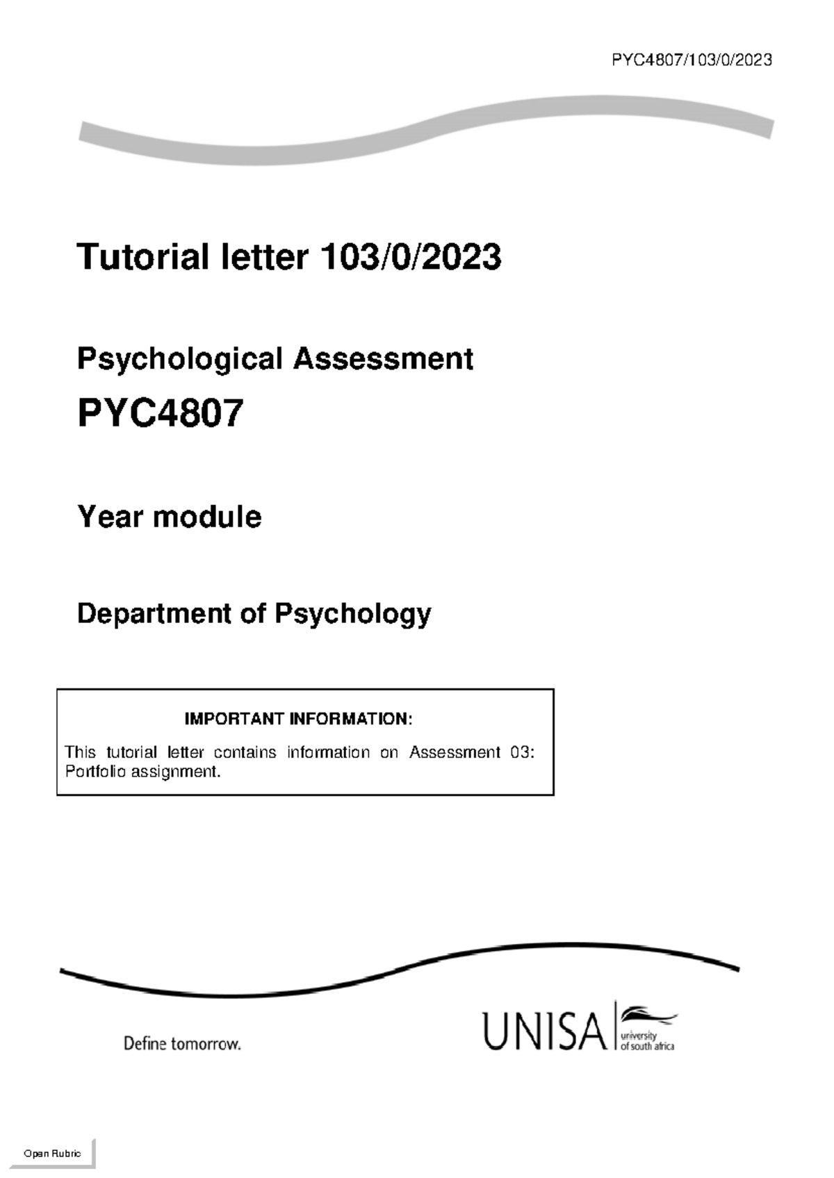 TUT 103 PYC4807 - TUT - PYC4807/10 3 /0/ 2023 Tutorial letter 10 3 /0 ...