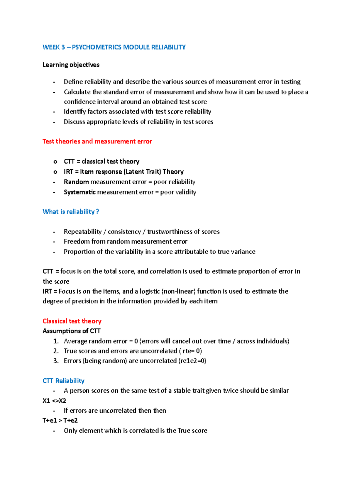 WEEK 3 Lecture notes - WEEK 3 – PSYCHOMETRICS MODULE RELIABILITY ...