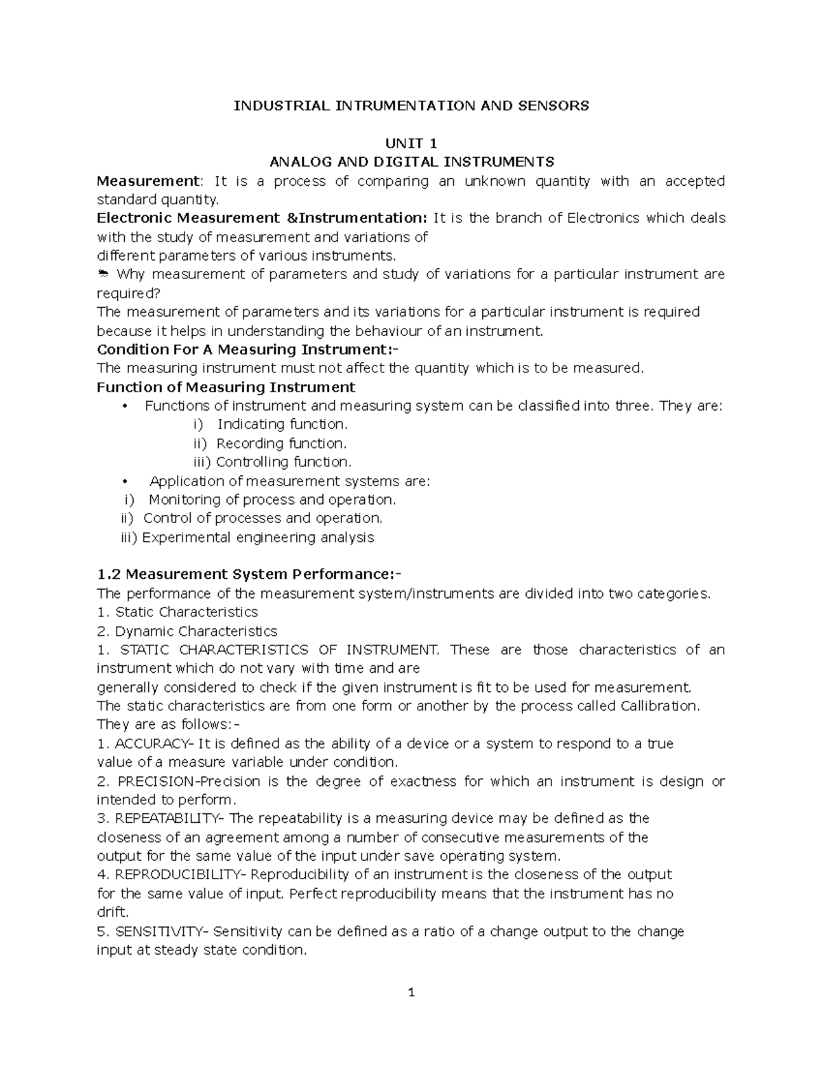 IIS notes - INDUSTRIAL INTRUMENTATION AND SENSORS UNIT 1 ANALOG AND ...