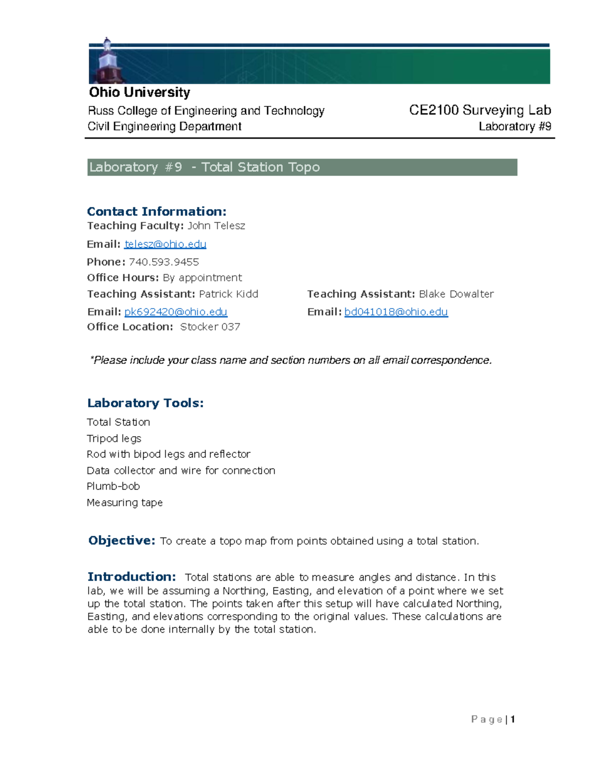 CE 2100 Surveying Lab #9 - Russ College of Engineering and Technology ...