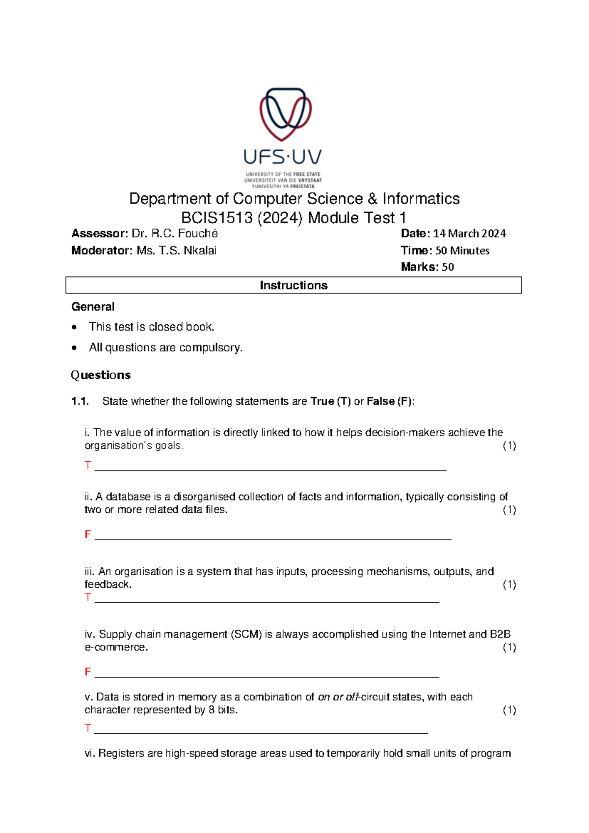 BCIS1513 ST1 2024 Questions + Memo - Department of Computer Science ...