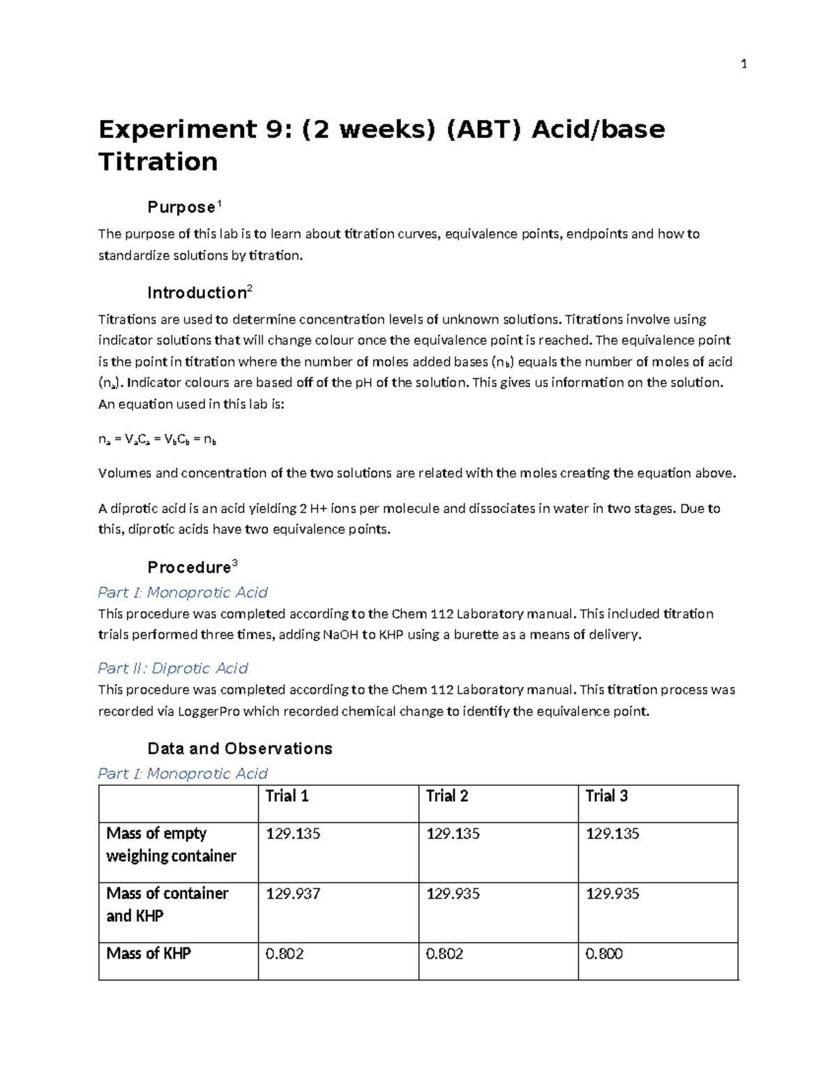 Acid Base Titration Lab - Experiment 9: (2 weeks) (ABT) Acid/base ...