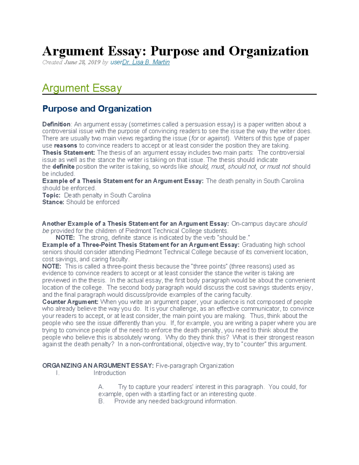 Format Argument Essay(1) 2 - Argument Essay: Purpose and Organization ...