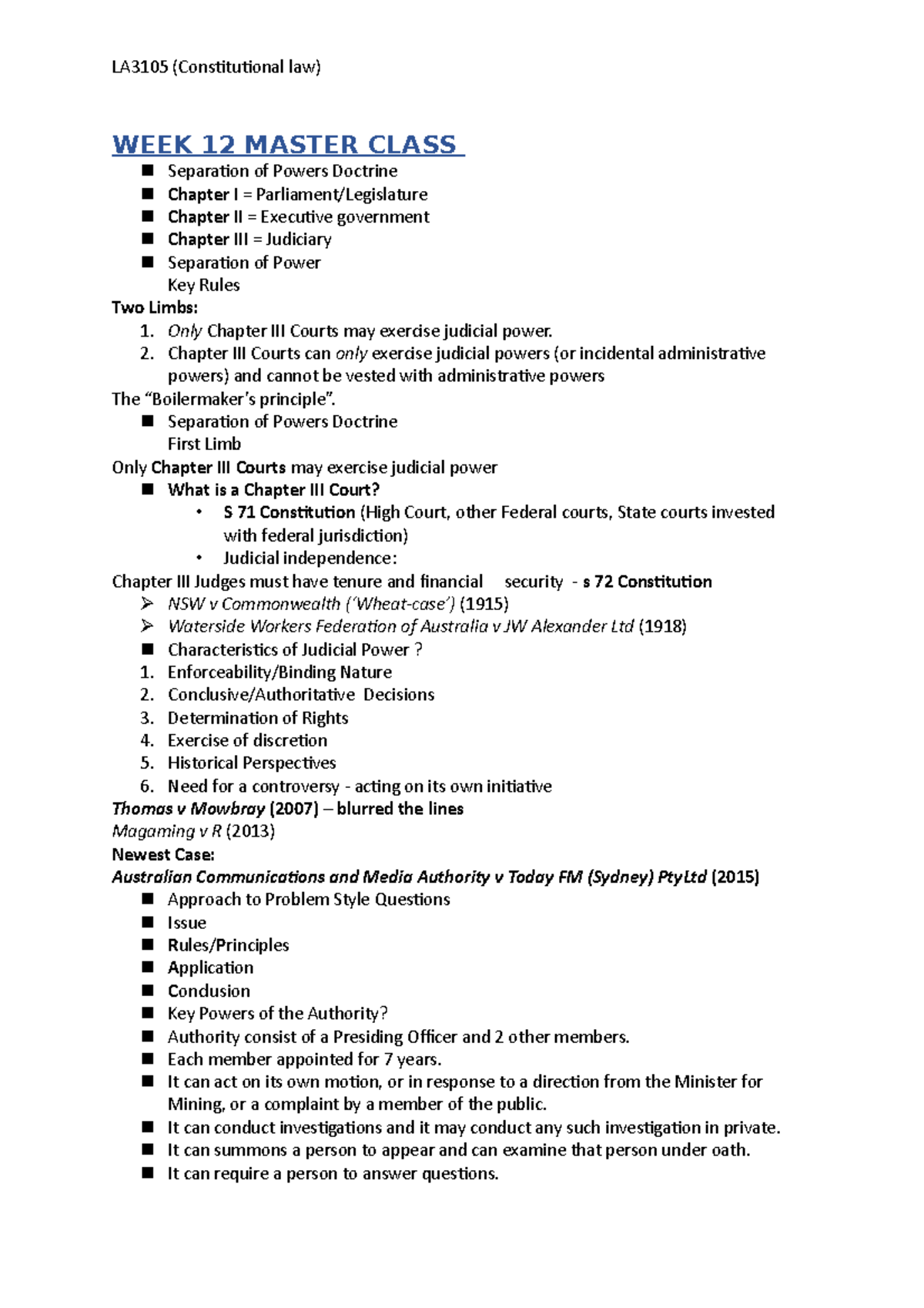 WEEK 12 - Lecture notes 12 - WEEK 12 MASTER CLASS ¡ Separation of ...