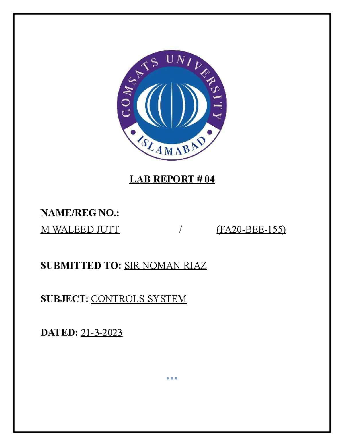 LAB Report Waleeed CS 4 - control system lab no 1 in this - LAB REPORT ...