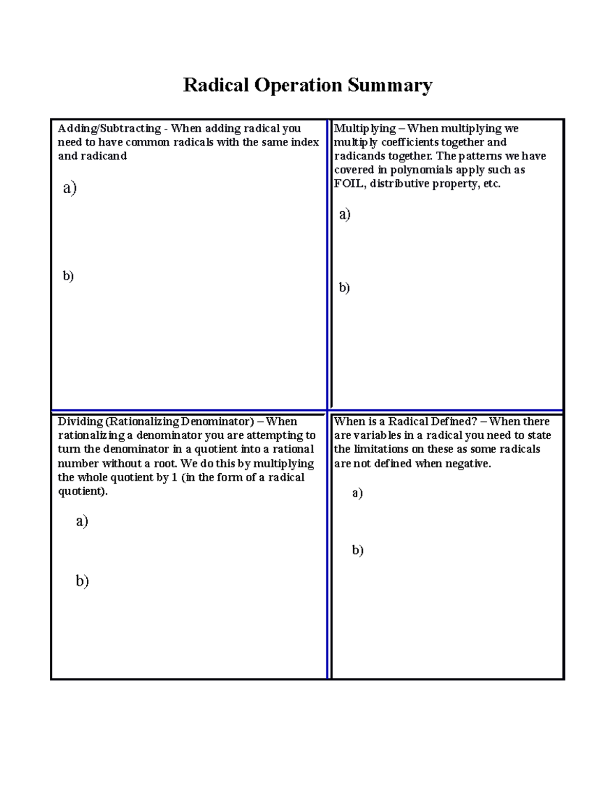 Radical Operation Summary - Radical Operation Summary Adding ...