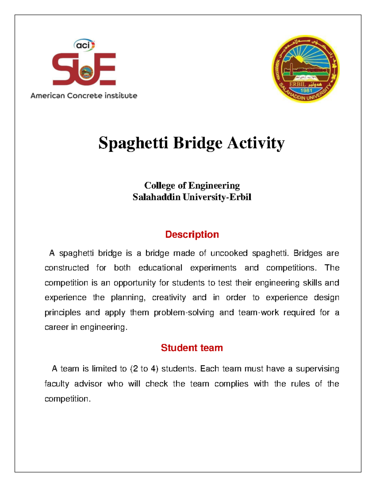 Spaghetti Bridge Activity - Spaghetti Bridge Activity College of ...