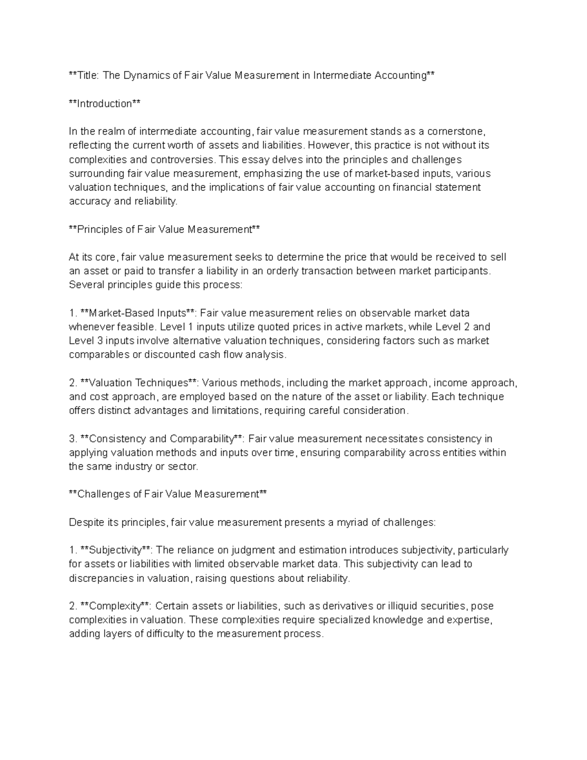 Title The Dynamics of Fair Value Measurement in Intermediate Accounting ...