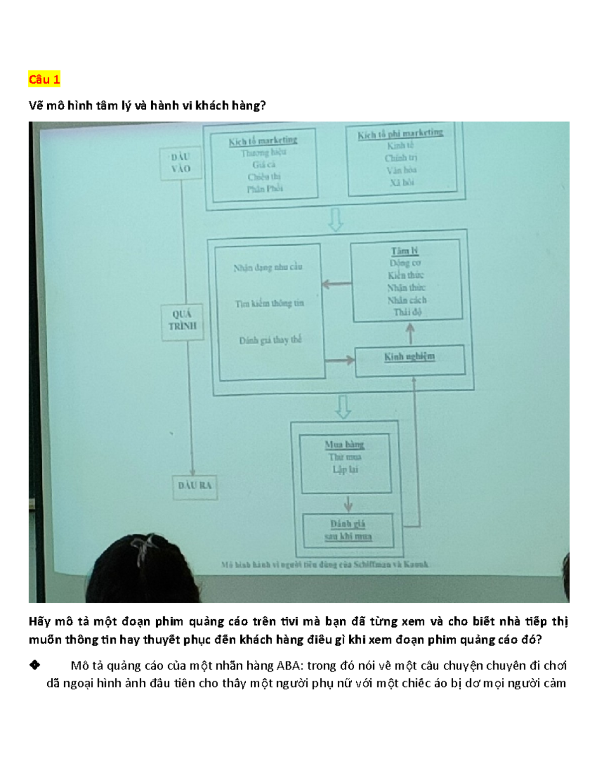 Tailieu TÂM LÝ VÀ HÀNH VI - Câu 1 Vẽẽ mô hình tâm lý và hành vi khách hàng? Hãy mô t m t đo n ...