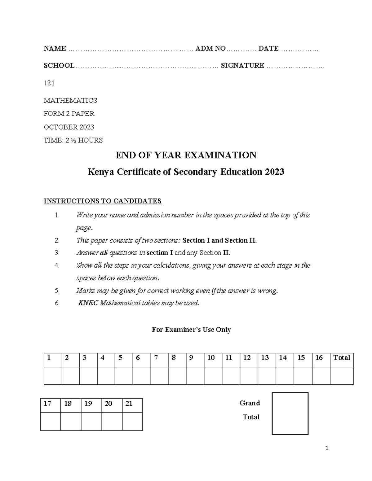Mathematics F2T3 QS - form 2 - NAME ...