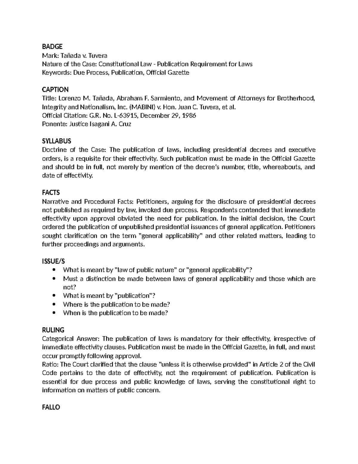 Leg Res case digest - BADGE Mark: Tañada v. Tuvera Nature of the Case ...