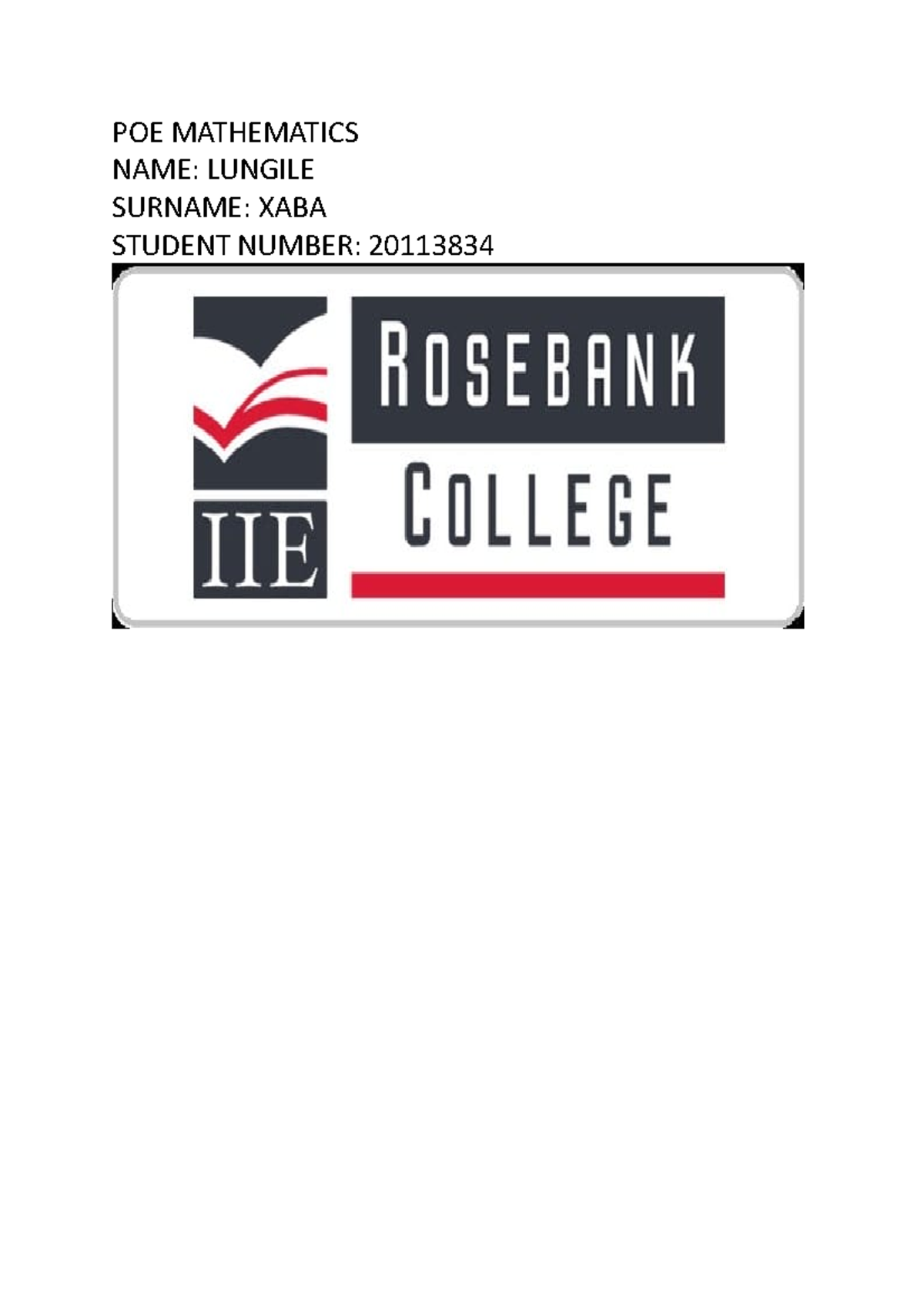 POE Mathematics - POE - POE MATHEMATICS NAME: LUNGILE SURNAME: XABA ...