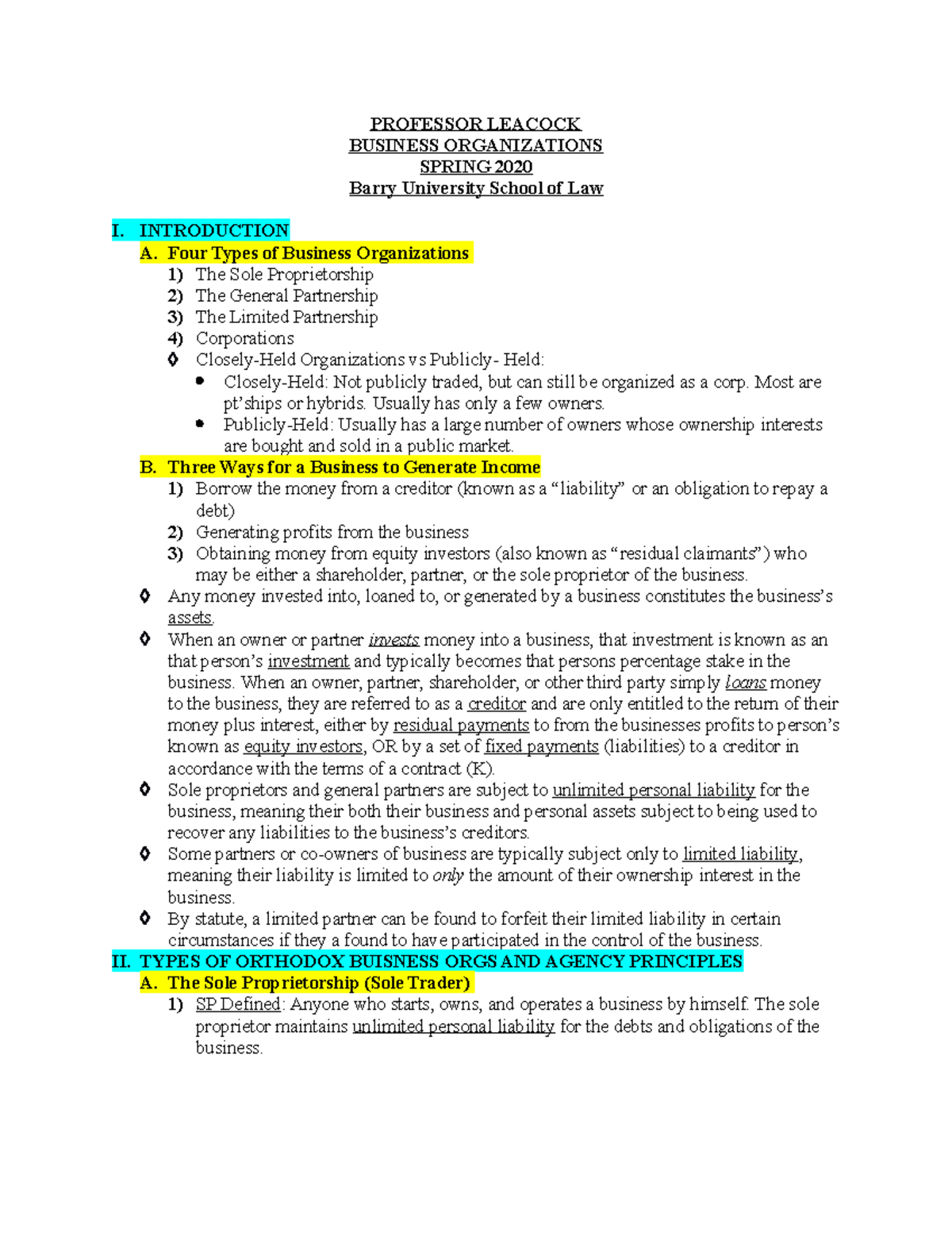 Leacock outline bay bay - PROFESSOR LEACOCK BUSINESS ORGANIZATIONS ...