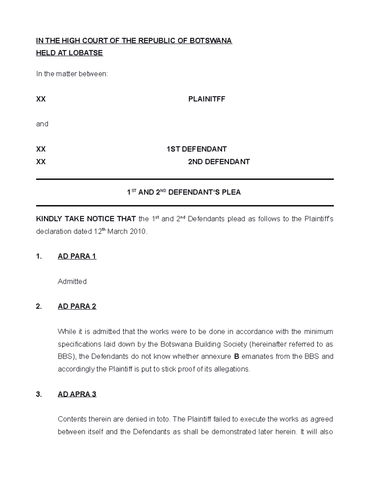 Defendants s Plea - Civil procedure summaries - IN THE HIGH COURT OF ...