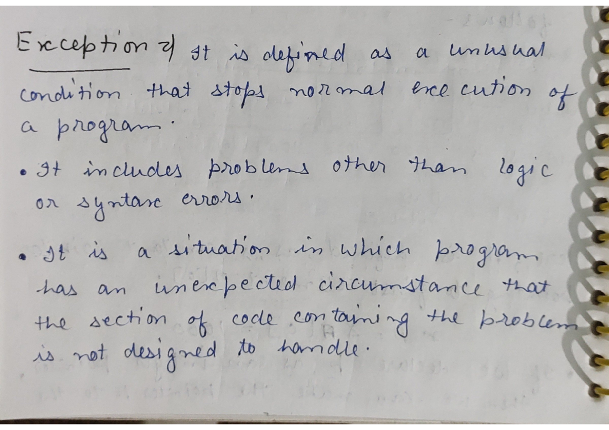 Exception handling - notes - Exception 2) It is defined as a unhsual ...