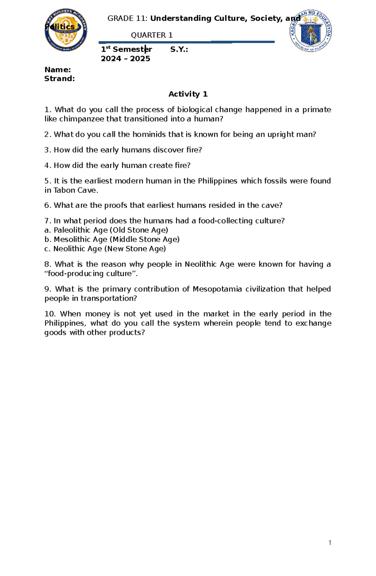 UCSP Activity 1-2 - mmmmmmmm - 1 st Semester S.: 2024 – 2025 GRADE 11 ...