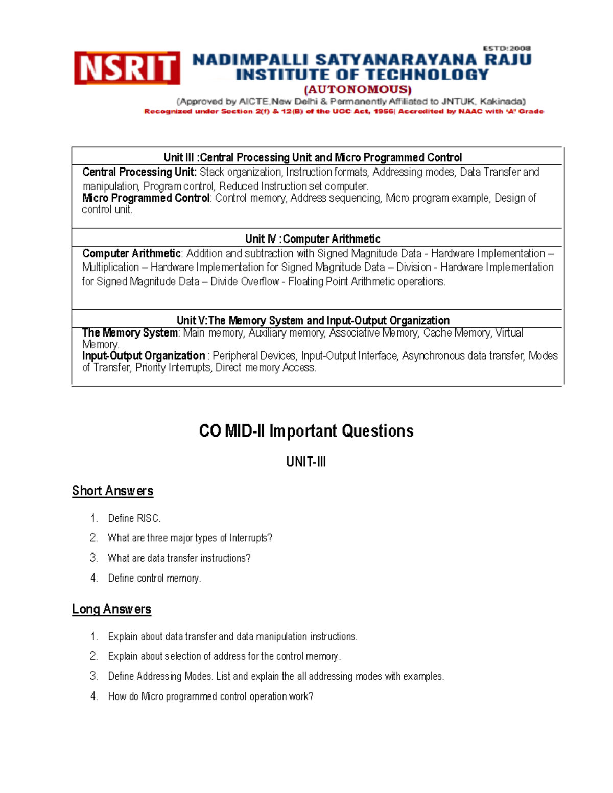 CO unit wise imp - just read - CO MID-II Important Questions UNIT-III Short Answers 1. Define ...