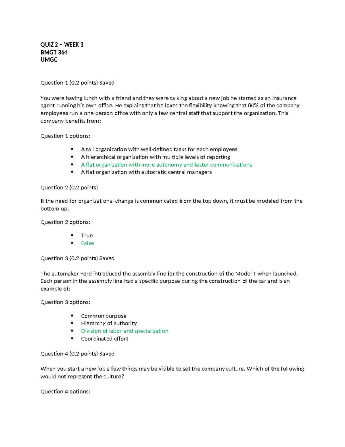 BMGT 364 WEEK 3 QUIZ 2 - QUIZ GRADE: A - QUIZ 2 – WEEK 3 BMGT 364 UMGC Question 1 (0 points ...